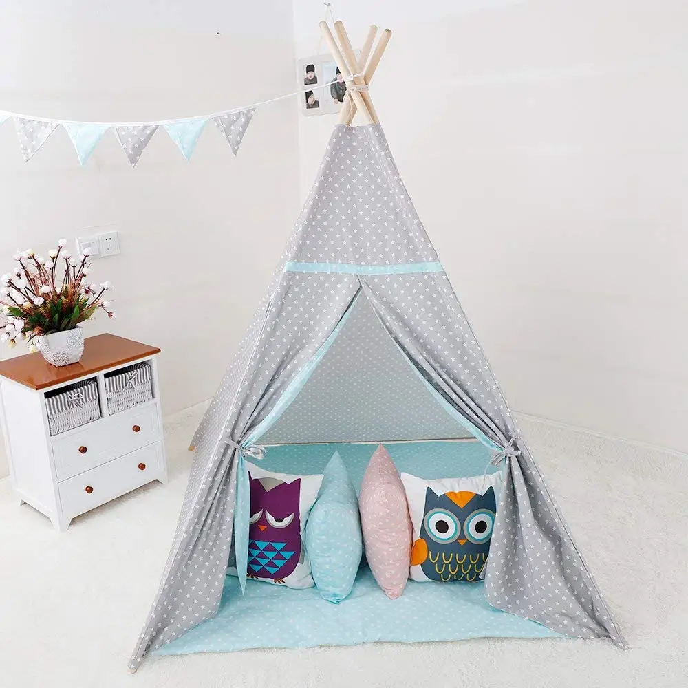 Nordic Grey Star Kids Tipi Tent with Blue Accents Childrens Play Indian ...