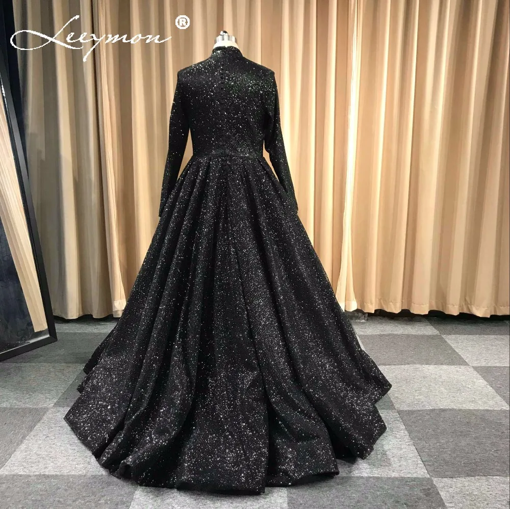 Robe De Soiree Glitter Shiny Evening Dress Full Sleeves Black Evening ...