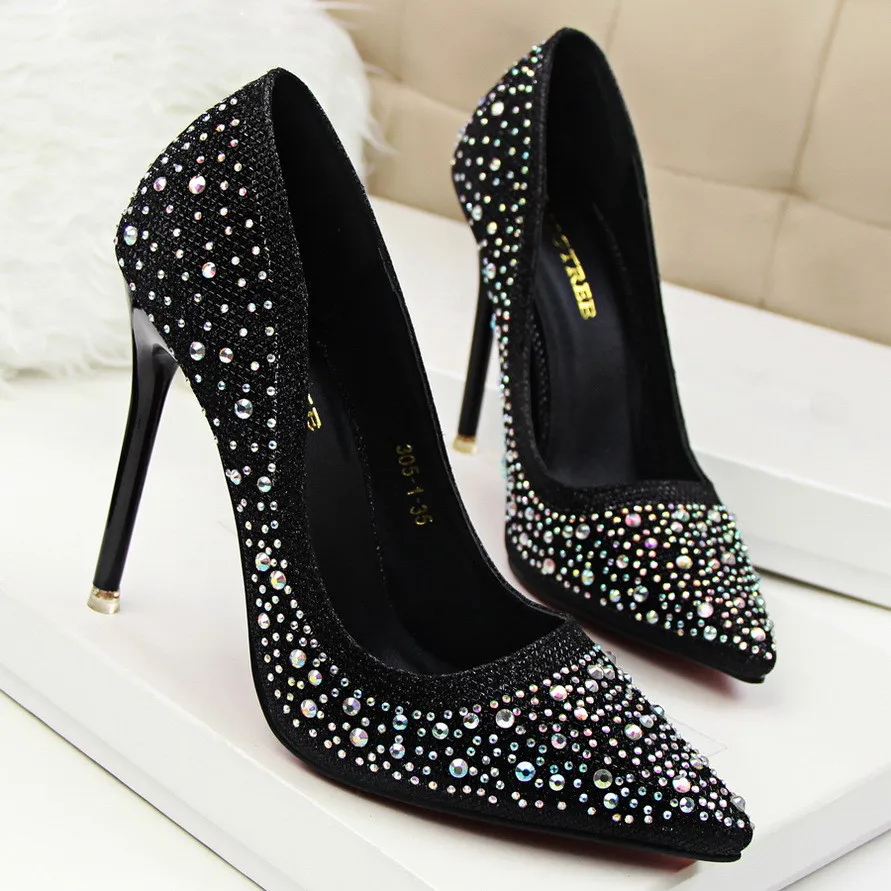 Women Pumps Rhinestone Pointed Toe Wedding Shoes Women High Heels Red ...