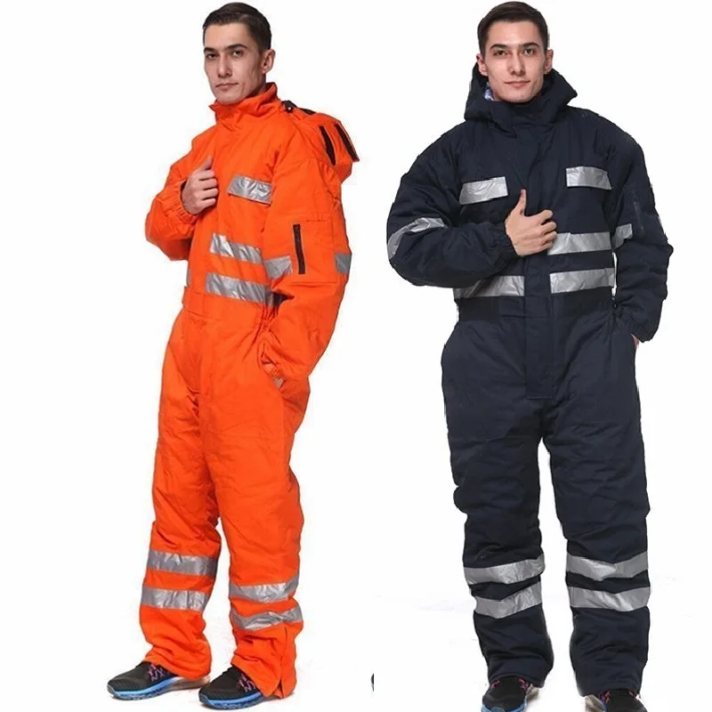 Men Work Overall Winter Warm Thick Reflective Oil-proof Hooded ...