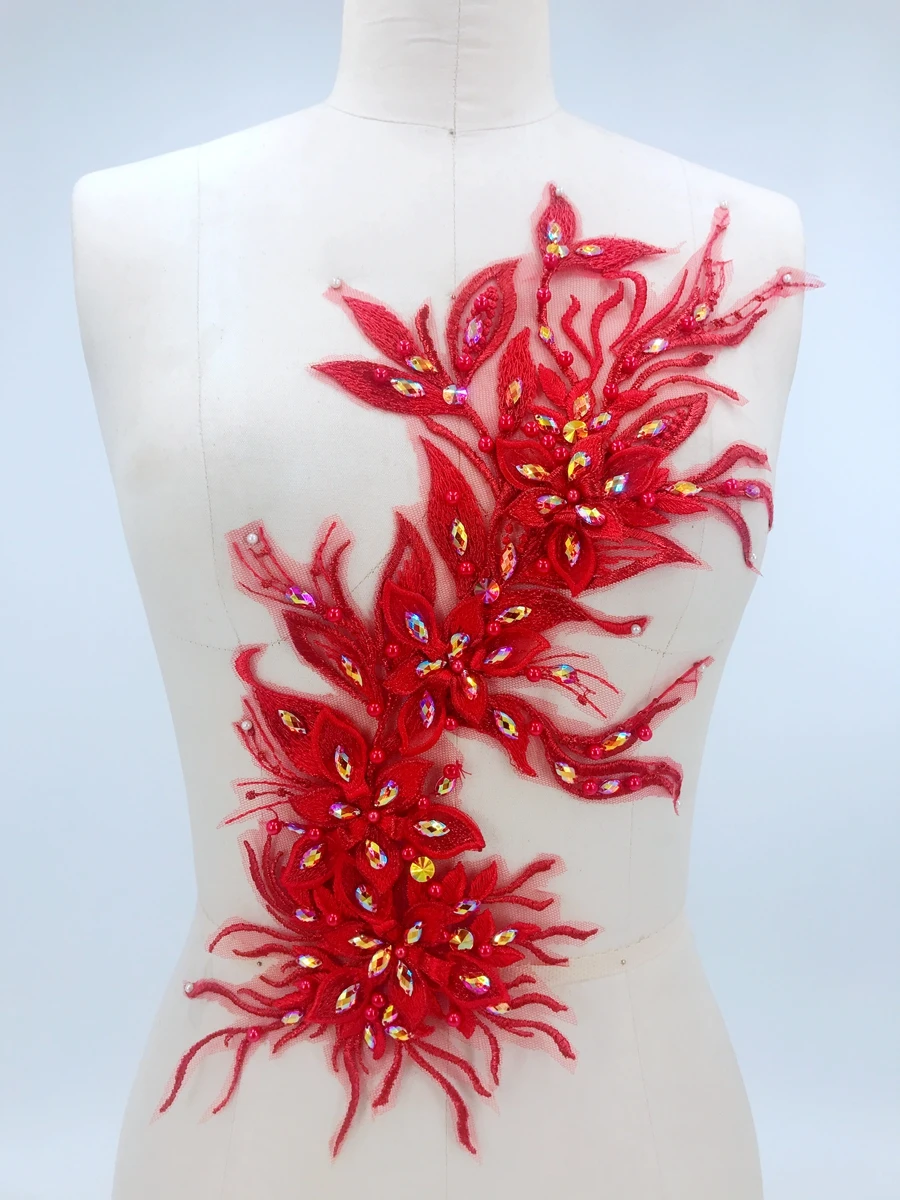 big red Three dimensional lace applique with handsewing beads ...