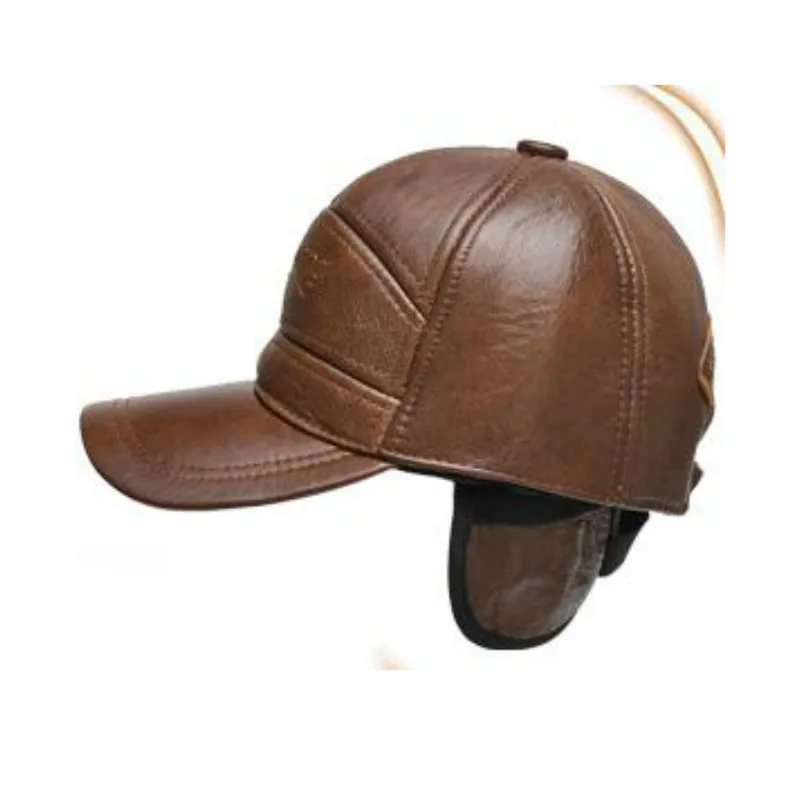 Male Genuine Leather Hats Ear Flaps Men's Genuine Cowhide Ather ...