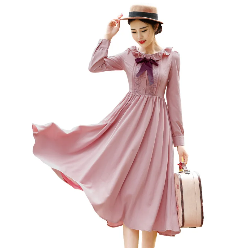 Dress Polyester Dresses women Dresses Vintage Loose Solid Full Mid Calf ...