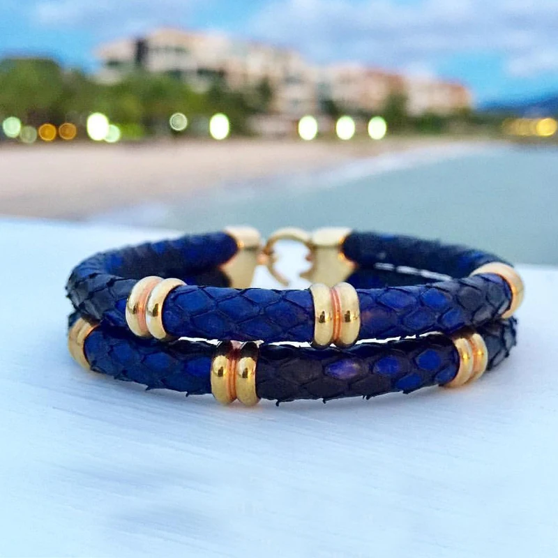 BC-Fashion-5mm-Blue-Python-Snake-Leather-Bracelets-bangles-with-Rose-Stainless-Steel-Buckle-Drop ...