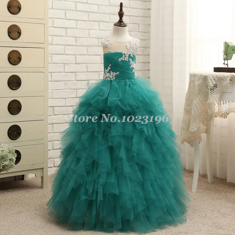 2016 New Pretty Green Crystal Ruffles Tulle Girls Pageant Dress ...