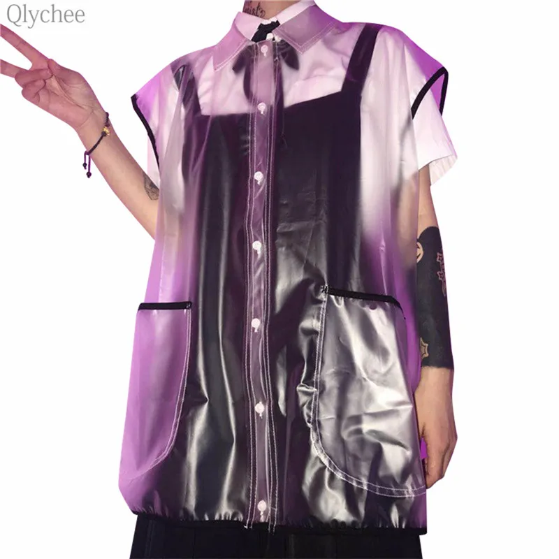 Qlychee PVC See Through Blouse Female Short Sleeve Turn Down Collar ...