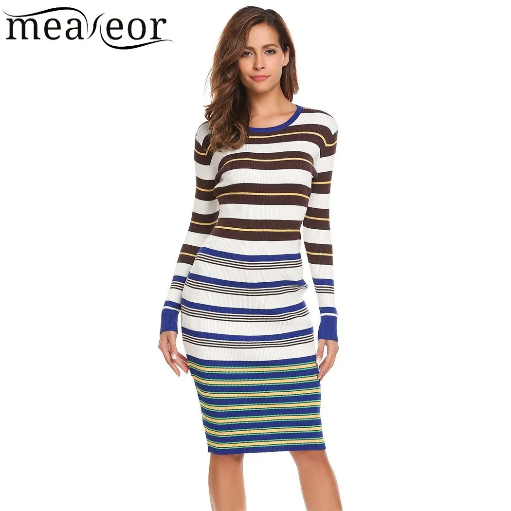 Meaneor 2017 Striped Knit Sweater Vestido Mujer Tops Casual manga larga ...