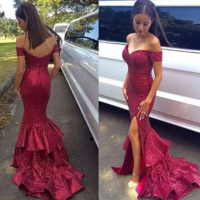 2017 Burgundy Sequin Mermaid Long Evening Dresses Cap Sleeve Sexy Slit