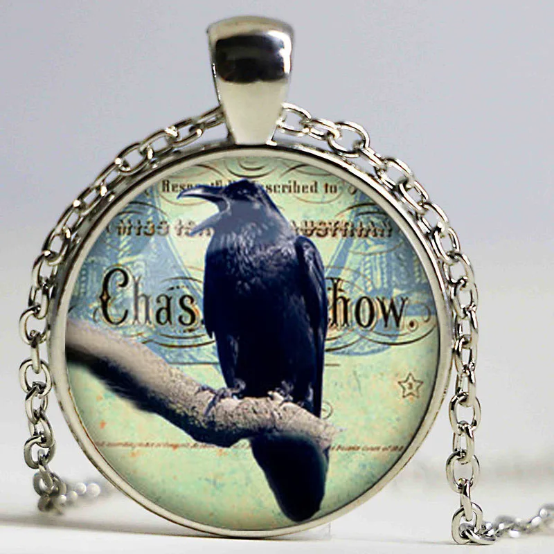 Retro Cothic Raven Crown Glass Cabochon Pendant Black Chain Necklace ...