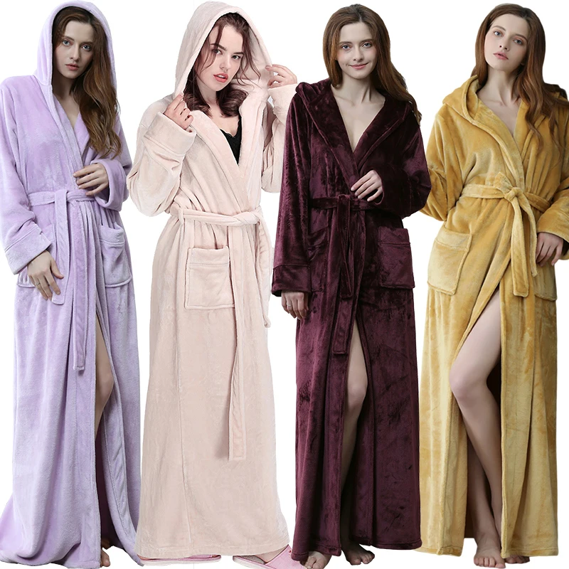 Women Men Winter Hooded Extra Long Warm Bathrobe Luxury Thick Flannel Bath Robe Plus Size Soft