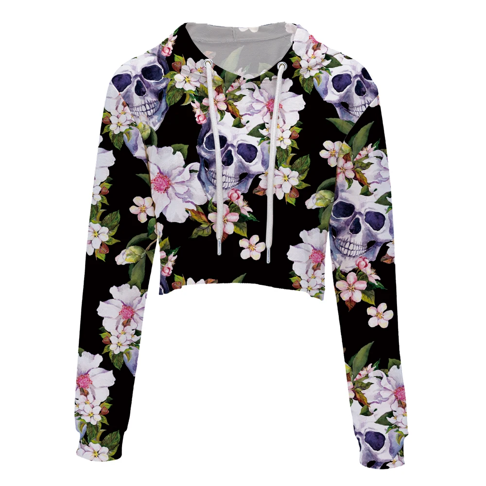 Crop Top Women Harajuku Fashion Casual Loose Skull Flower Hooded Hoodie