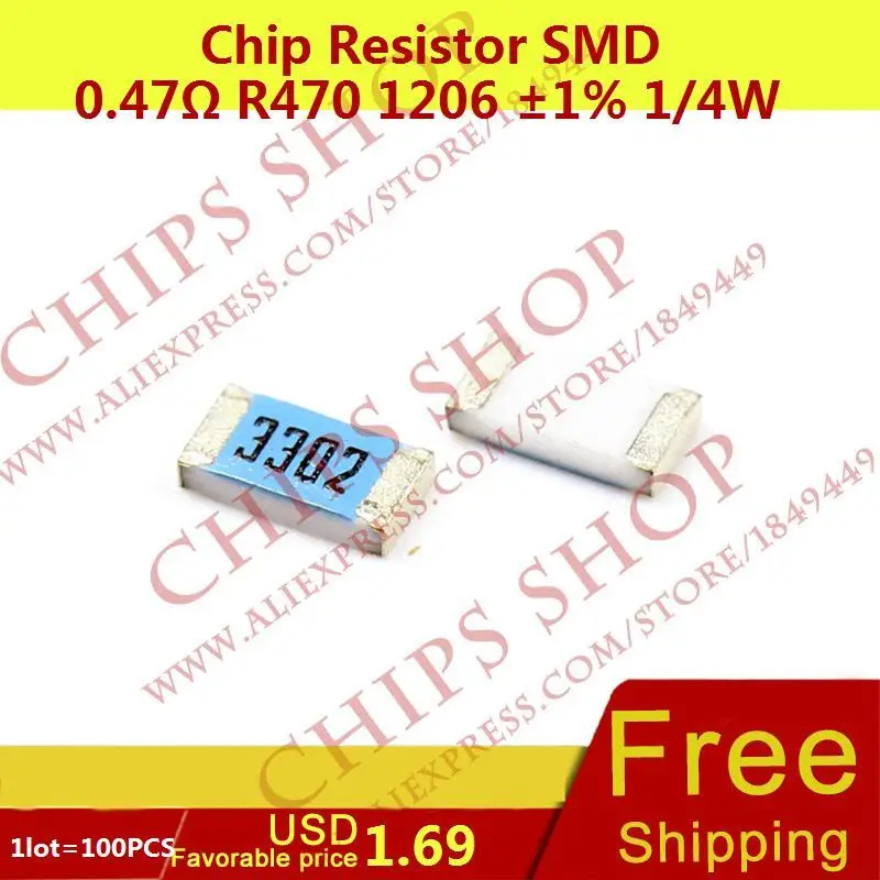 1LOT=100PCS Chip Resistor SMD 0.47ohm R470 1206 1% 1/4W 0.25W ...