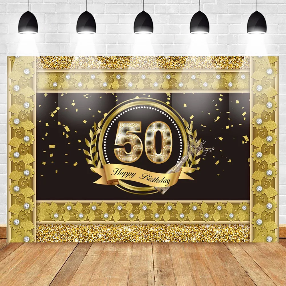 Happy 50th Birthday Backdrop Gold Border Background Diamond Background ...