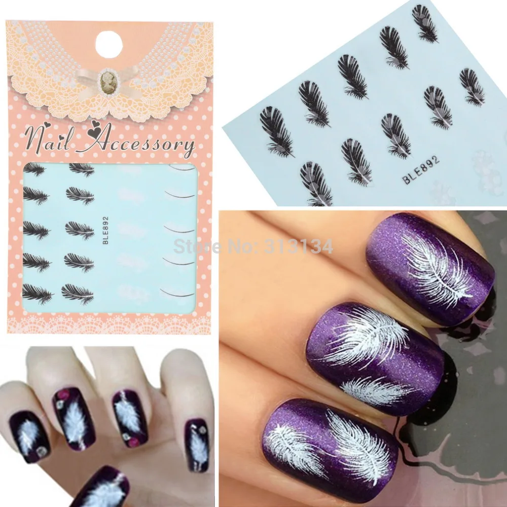 20pcs Sheet Black And White Feather Nail Art Decals Water Transfer Nail