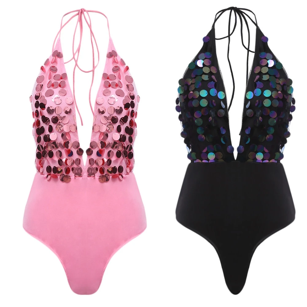 2017 Backless V Neck Bodysuit Sexy Black And Pink Solid Women Jumpsuit