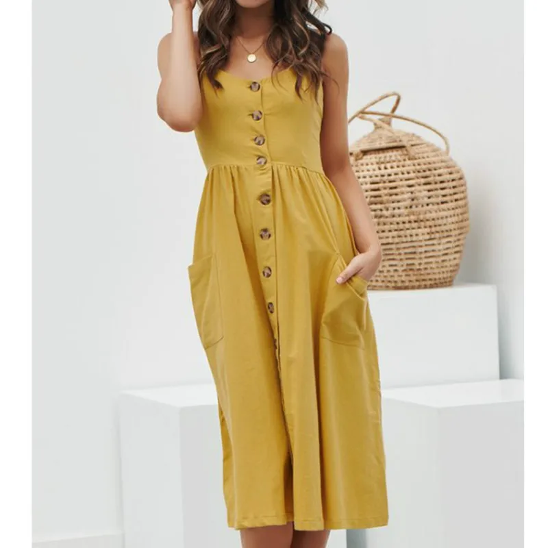 Boho Solid Color Cotton Dress Women Casual Sleeveless V Neck Red