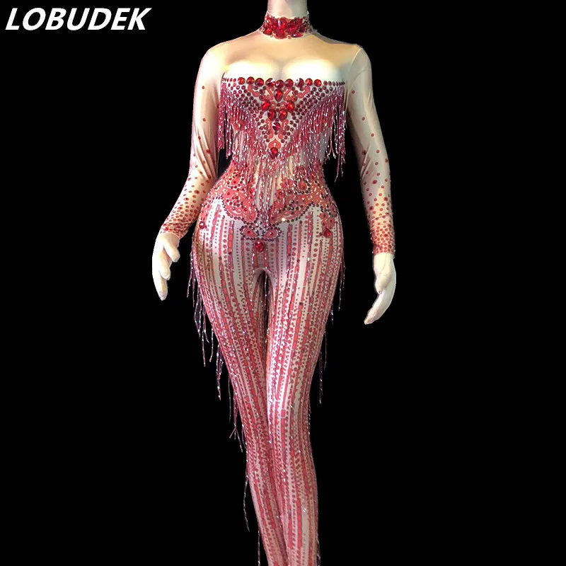 Sparkly Rhinestones Red Tassels Jumpsuit Sexy Crystals Stretch Bodysuit