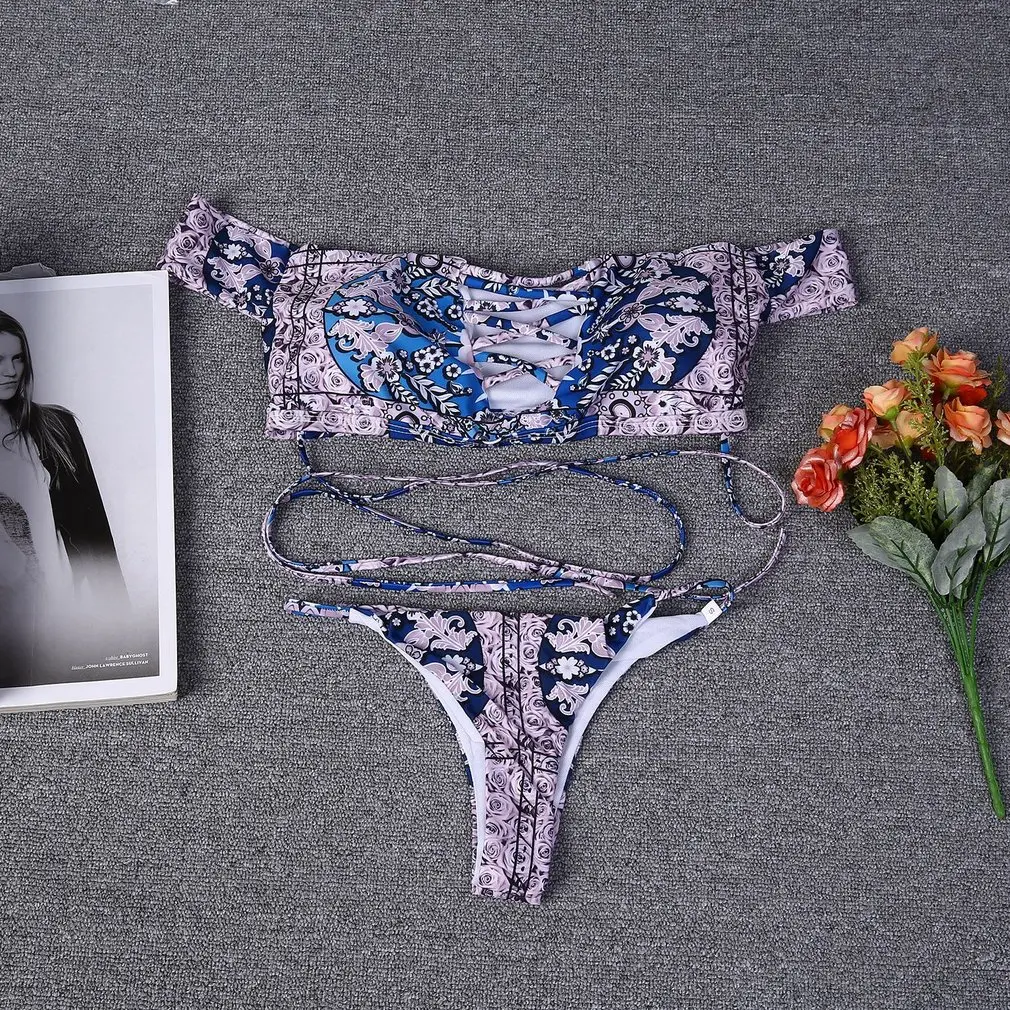 OUTAD Female Off The Shoulder Swimwear Rose Print Sexy Lace up Bikini ...