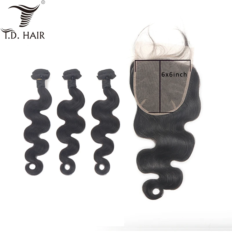Brazilian Remy Hair Body Wave Bundles with 6x6 Closure for Women Natural Color Human Hair ...