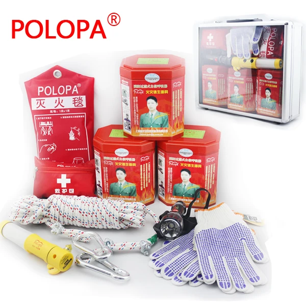 Emergency box escape rope first aid kit fire extinguisher bandanas ...