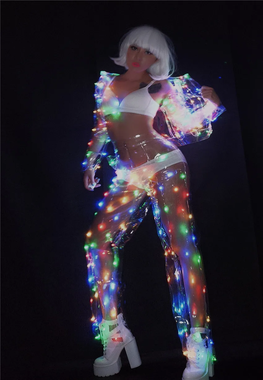 Female Sexy Perspective Color Led Lights Jacket Pants Performance Music Festival Nightclub