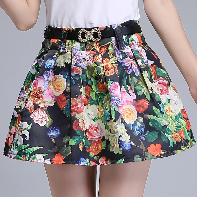 2017 Spring Womens Sex High Waist Pleated Floral Print Tutu Skirt Skorts Print A Bust Skirt