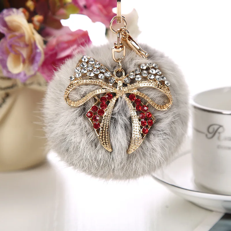 Crystal Bowknot Pompom Bunny Keychain Real Rabbit fur ball Keyring For ...