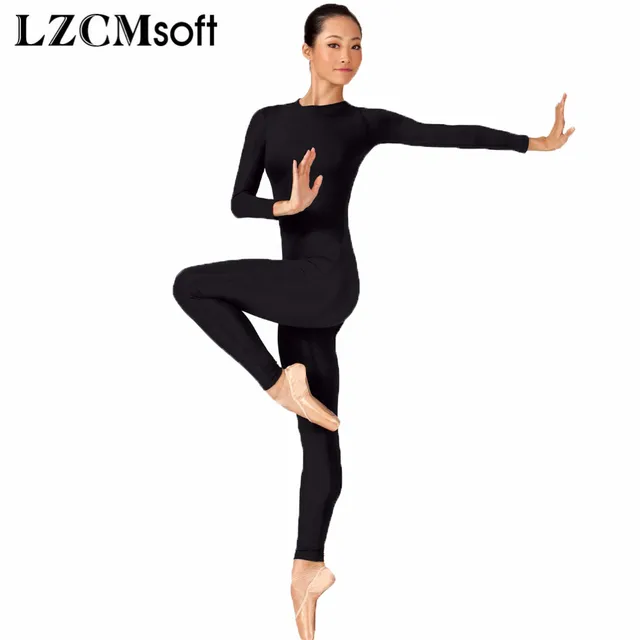 LZCMsoft Womens Spandex Lycra Long Sleeve Black Gymnastics Unitard Full ...