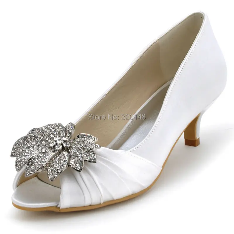 Woman Wedding Bridal Shoes Ep2058 White Ivory Low Mid Heel Rhinestones