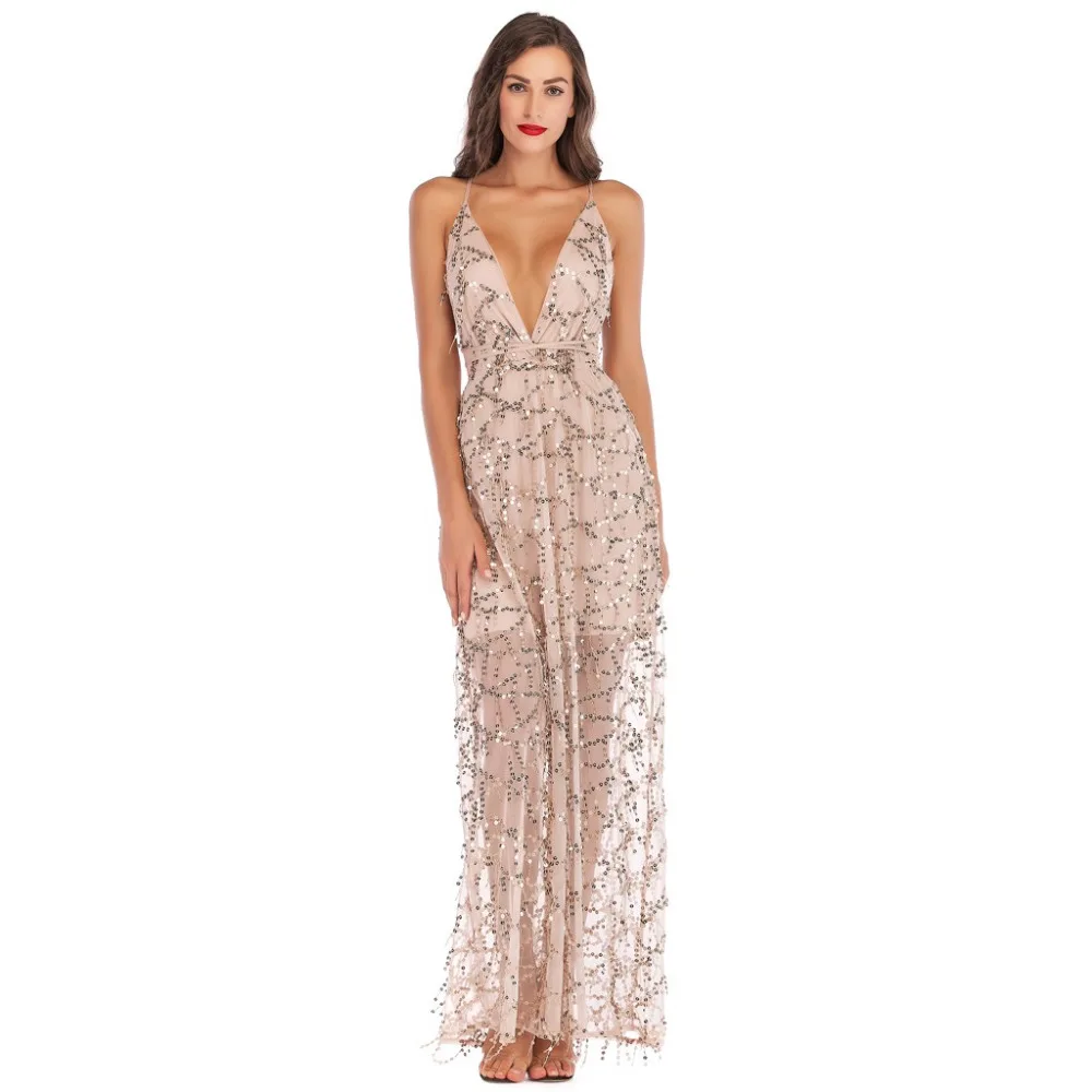 Sexy Women Dress Deep V Neck Maxi Sequin Halter Backless Solid Color