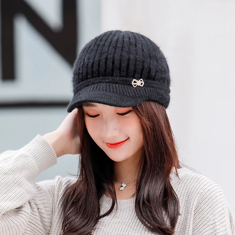 Женская зимняя шапка с кроличьим мехом, вязанная крючком, громоздкая ...