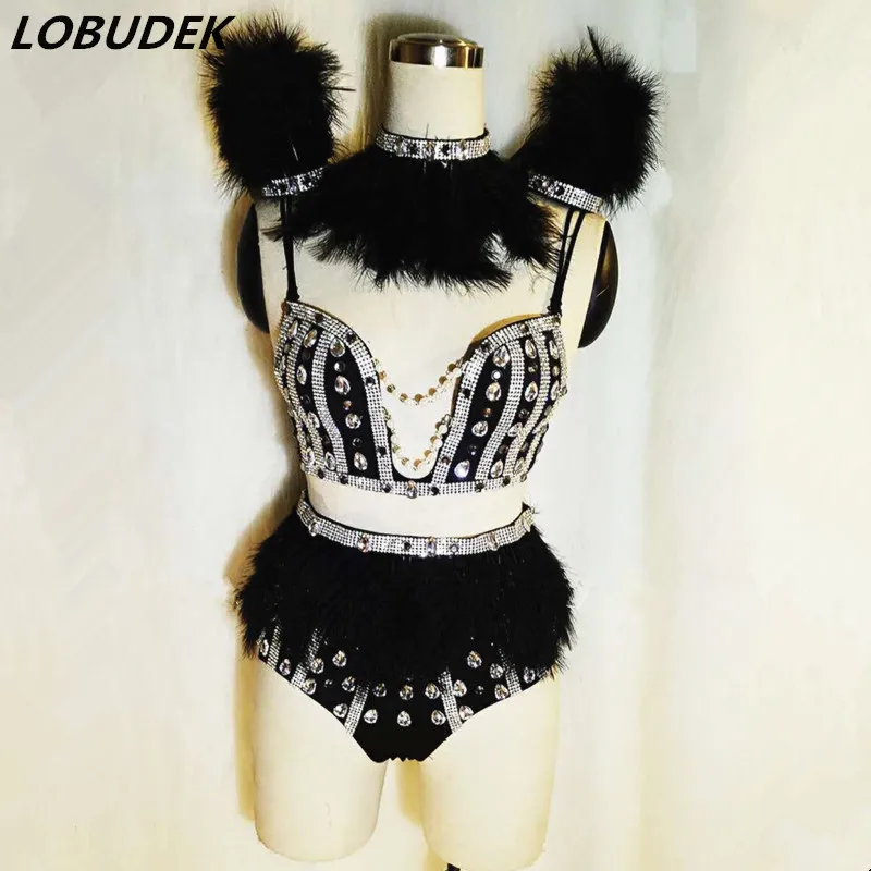 Sparkly Glass Stones Bra Shorts Set Black Feathers Rhinestones Bikini