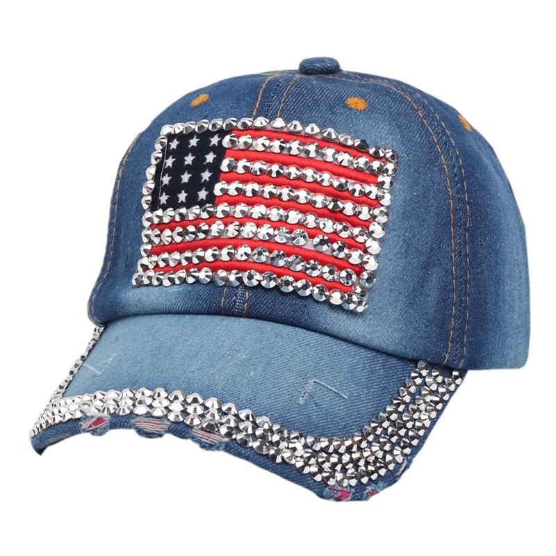 High Quality Baseball Cap Women Men Jean USA Flag Diamond set Snapback ...