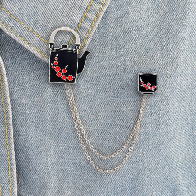 Vintage Plum Teapot Cup Brooch Chinese Style Black Tea Set Tool Pins ...