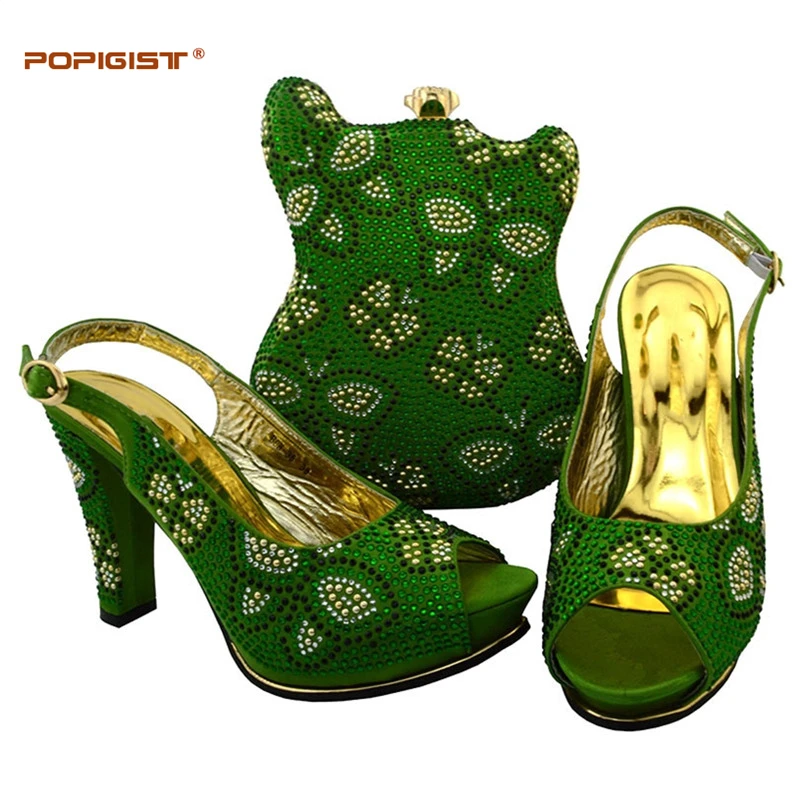 Rhinestone fashion design Green color in Shoes and Bag Set African Sets ...