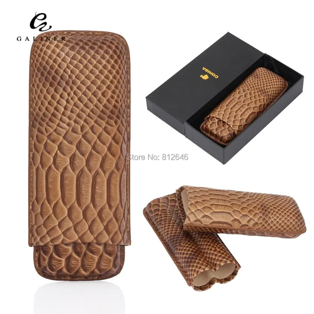 COHIBA Brown Lizard Snake Pattern Embossed Leather Cigar Case Holder 2 ...