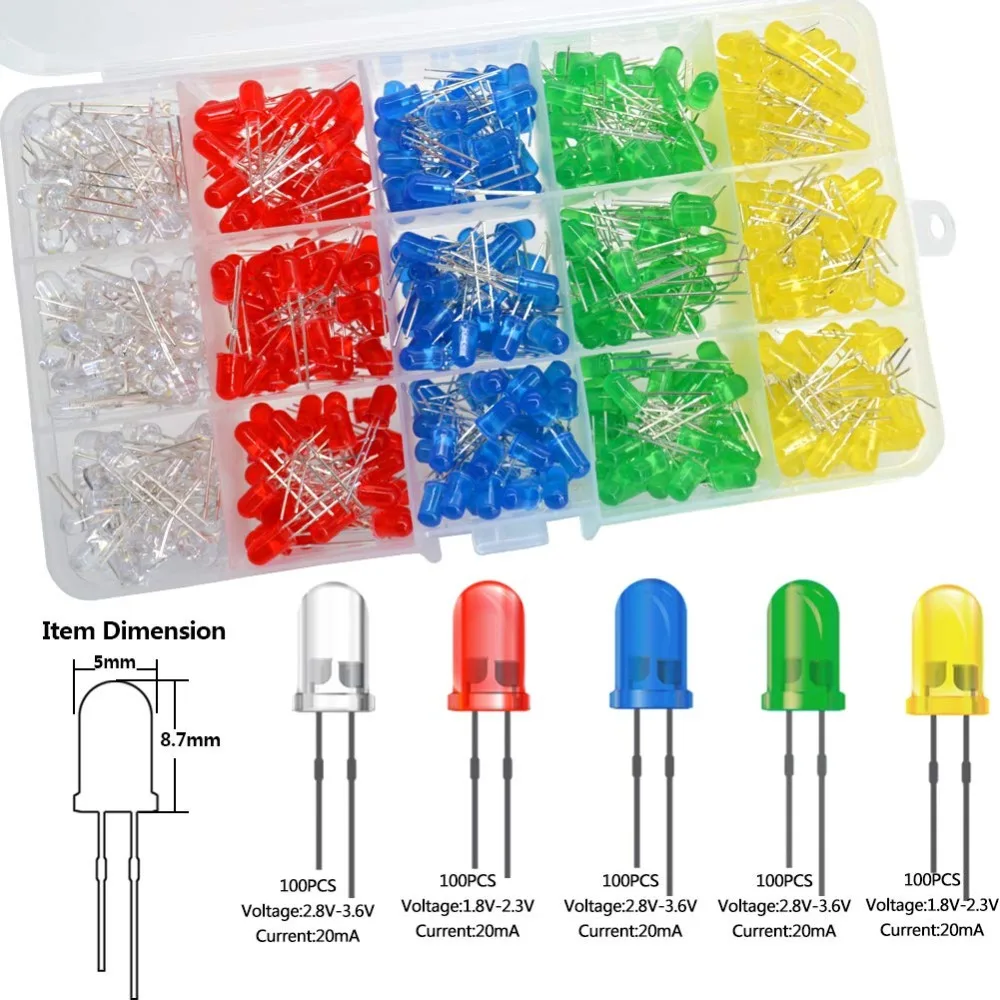 500 Pcs (5*100) 5mm Led Light Emitting Diode Assortment Kit Low Voltage ...