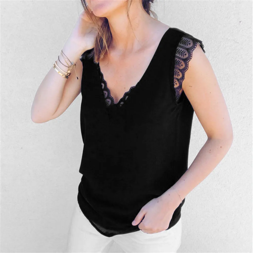 Sexy Double V Neck Tank Top Women Black Lace Trim Sleeveless Blouse