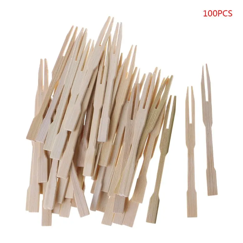 100Pcs Bamboo Disposable Wooden Fruit Fork Pick Dessert Forks Tableware ...
