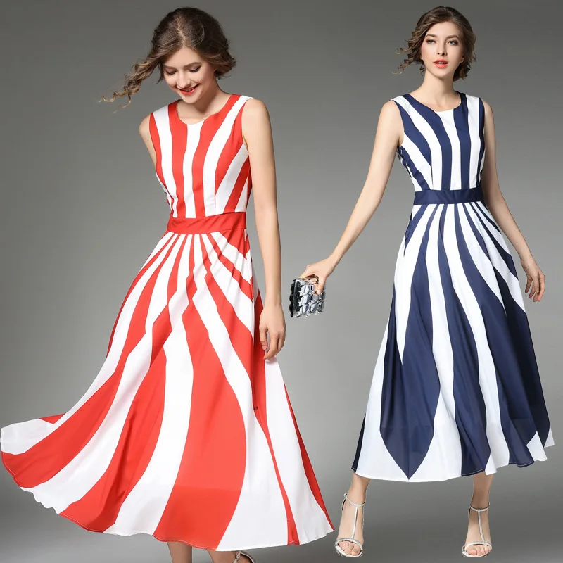 New Arrival Striped Printed O Neck Sleeveless Dresses Womens Elegant