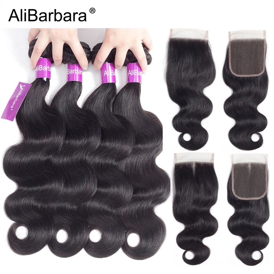AliBarbara 100% Human Hair Bundles with Closure Malaysian Body Wave ...
