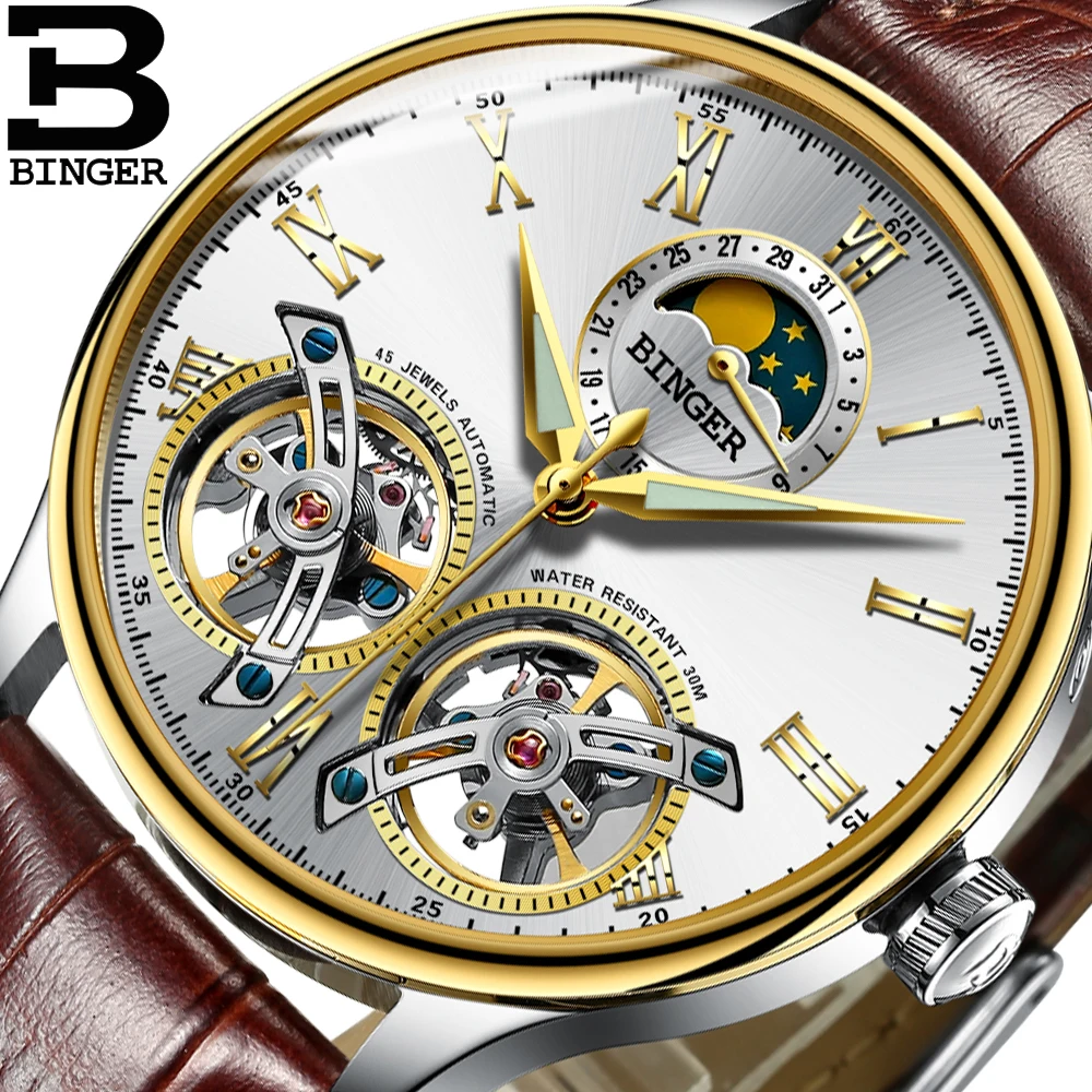 2017 BINGER Tourbillon Automatic Men Classic Gold Leather Mechanical ...
