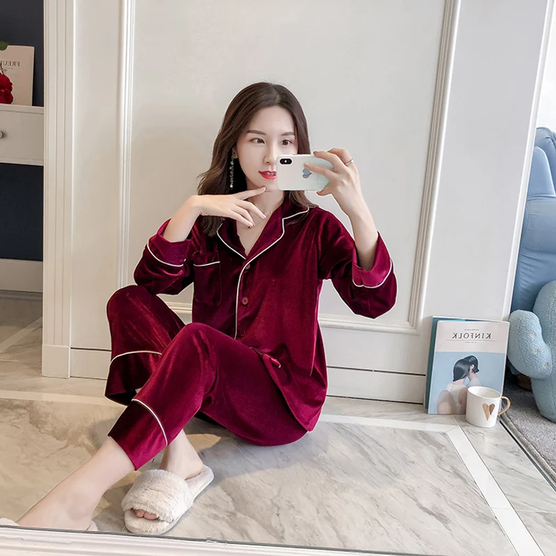 Women Velour Pajama Set Winter Warm Pyjama Set Long Sleeve Pijama