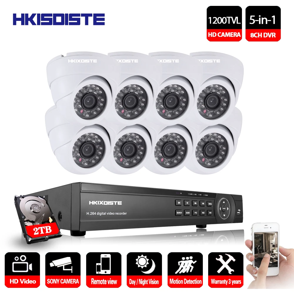 HKIXDISTE Video Surveillance System 8CH CCTV Security Kit 8PCS 1200TVL Dome Security Camera ...