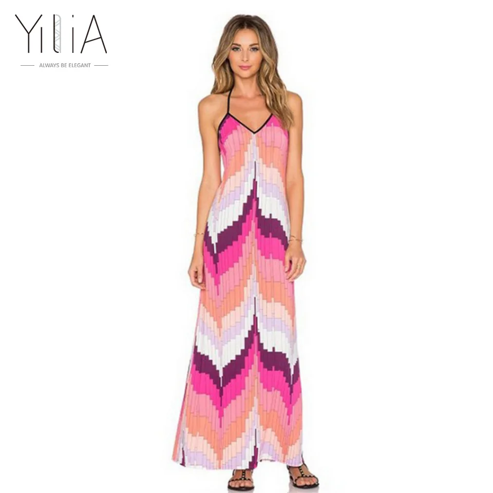 Yilia 2018 Summer Sexy Halter Long Maxi Dress Women Fashion Print