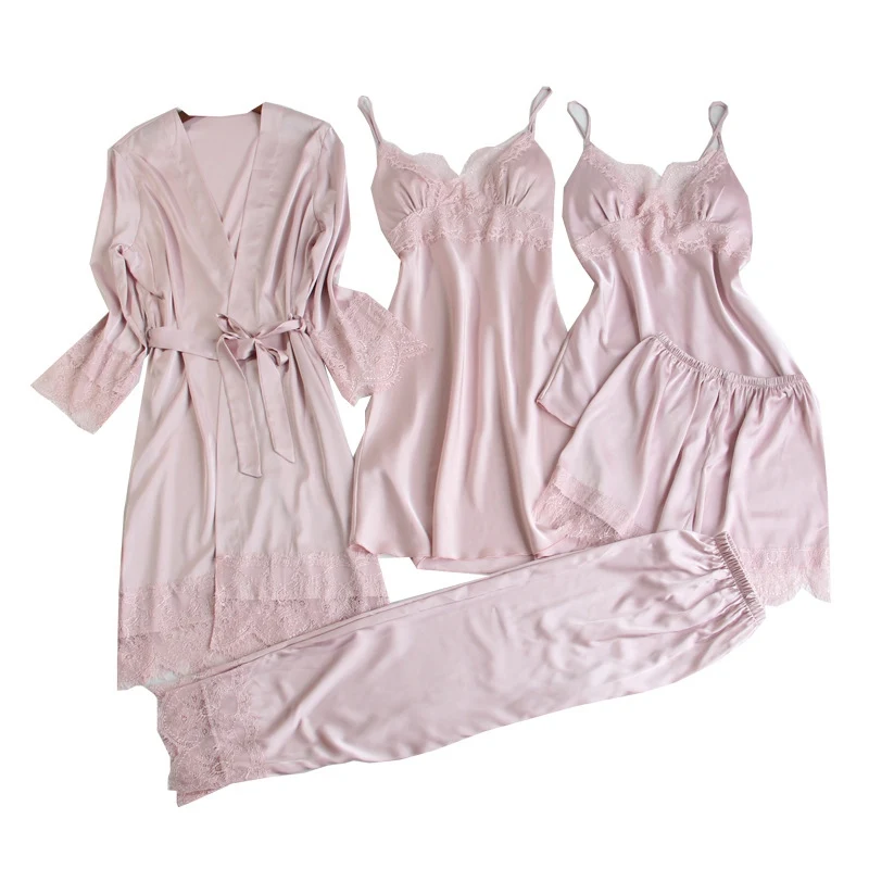 5 Piece Pajama Set Pink Home Clothing Bathrobe Mini Nighties Set Sexy V