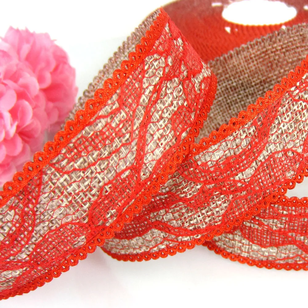 10Yards 1" Red Lace Natural Burlap Jute Ribbon For Craft Decoration ...