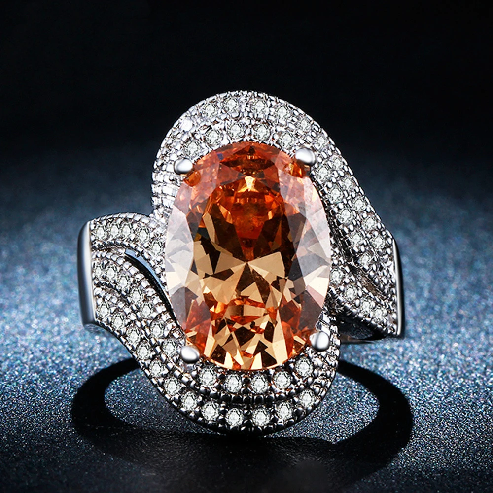 Orange Zircon Ring in White Gold Color Wedding Brand Champagne Ring ...
