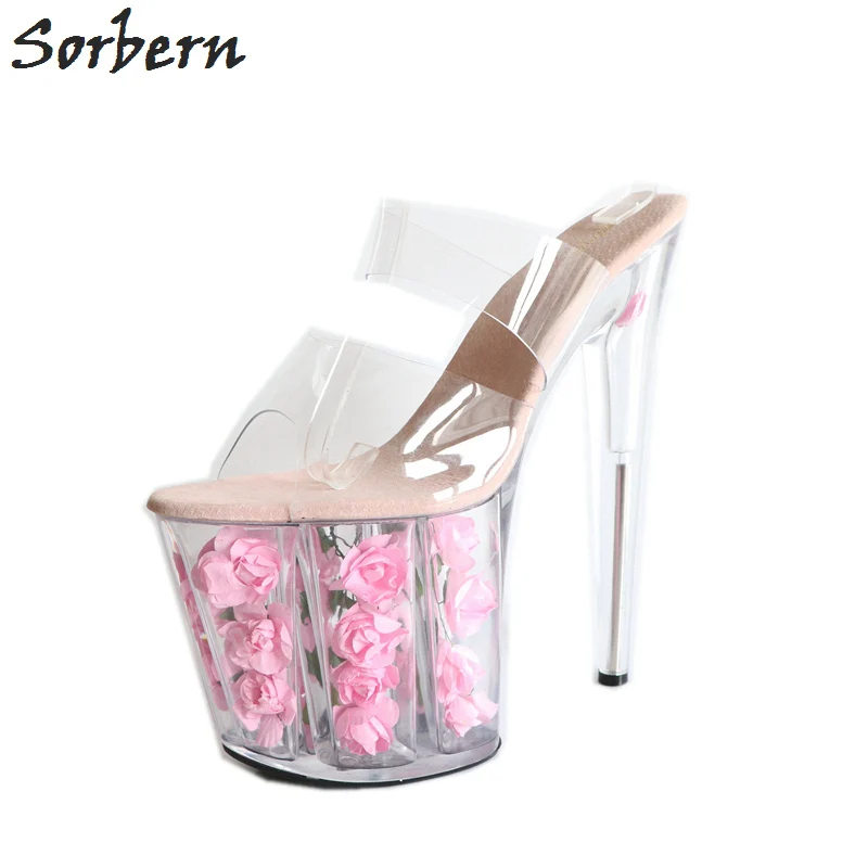 Sorbern Pink Flowers Transparent Pvc Slippers Women Perspex Heels ...