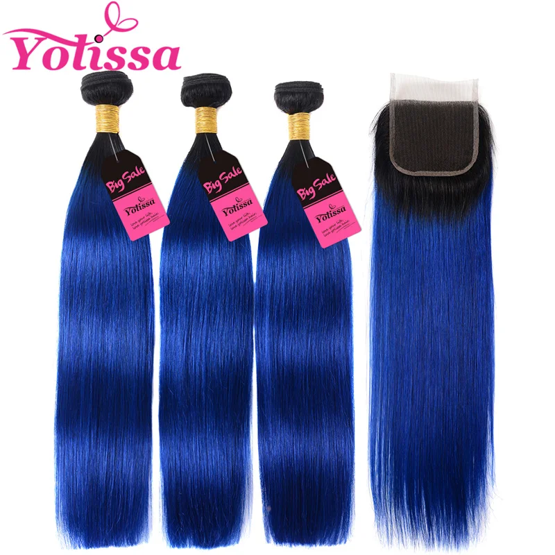 Yolissa Hair T1b/Blue Ombre Hair Bundles With Closure Brazilian Hair ...